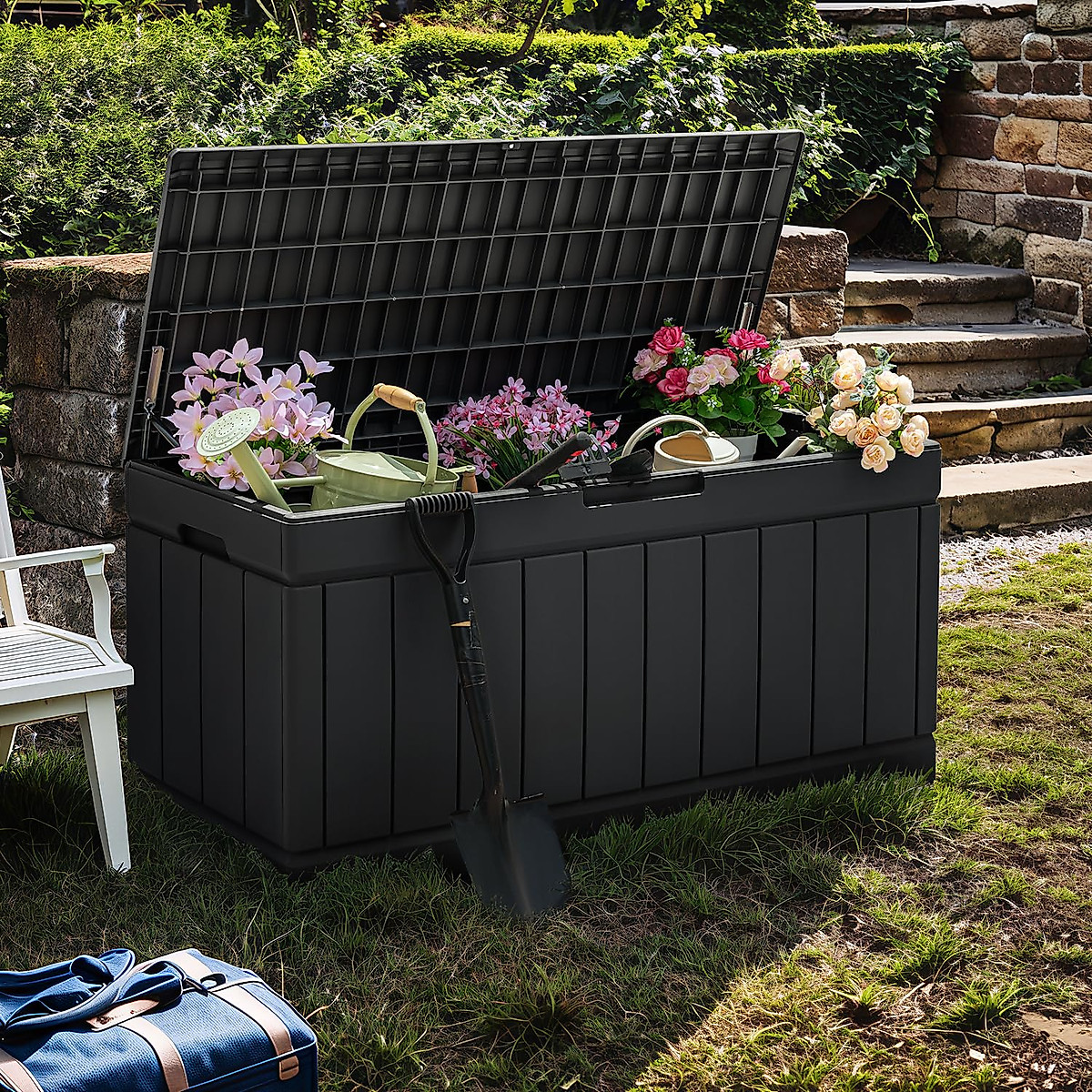 Flamaker Outdoor Storage Box 85 Gallon Resin Waterproof Deck Box with Wood Texture Large Storage Bin for Patio Cushions (Black)