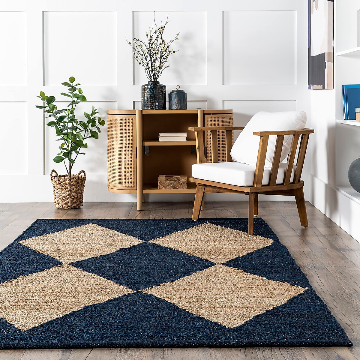 nuLOOM Pandora Diamond Jute Area Rug - 8x10 Jute Area Rug Global Inspired Navy/Ivory Rugs for Dining Room Rug Neutral Rug Living Room Rug Kitchen