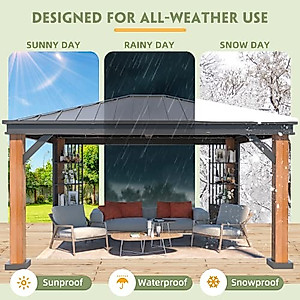 EROMMY 12' X 14' Hardtop Gazebo, Galvanized Steel Top with Wood Grain Aluminum Frame, Permanent Metal Pavilion with Three-Layer Storage Shelves for Patio, Backyard, Deck and Lawns