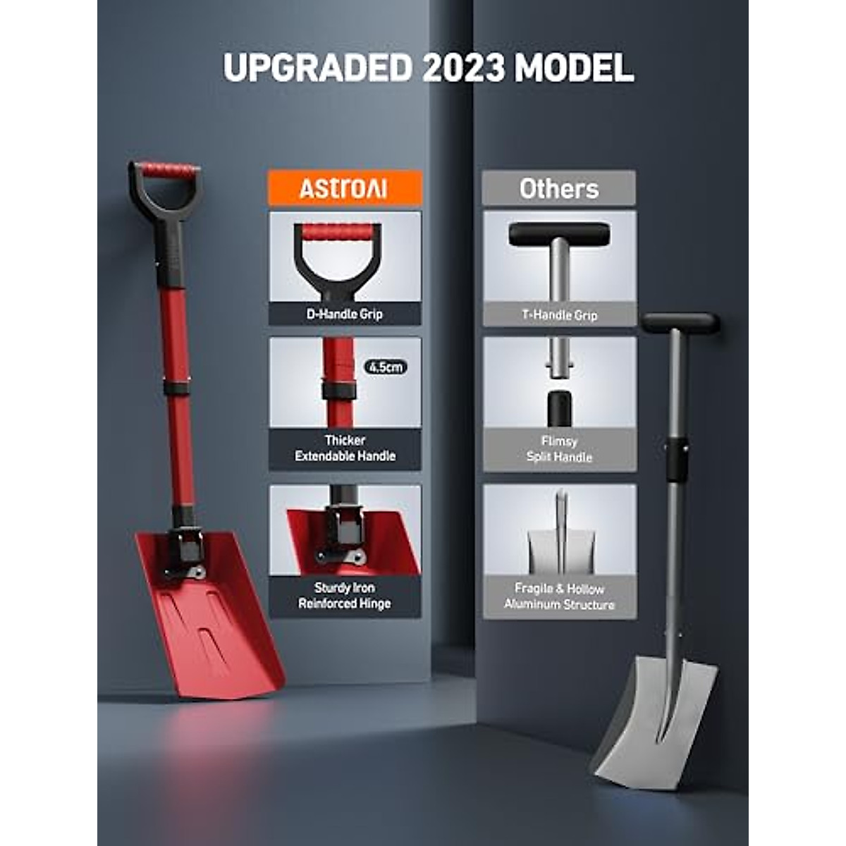 AstroAI 39" Folding Snow Shovel for Car, Extendable Snow Shovel with Thickened Aluminum Handle and Reinforced Iron Hinge, Portable and Multifunctional for Cars, Snowmobiles, Camping and Mud, Red