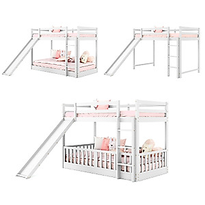 Bellemave Twin Over Twin Floor Bunk Bed with Slide and Ladder, Low Bunk Bed for Kids, Girls, Boys, Removable Fence, Bunk Bed with Slide, White