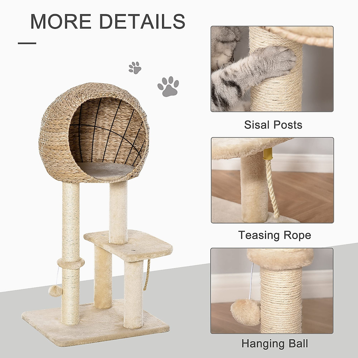 PawHut Cat Tree with Sisal Scratching Post Condo and Hanging Rope 39" H, Beige