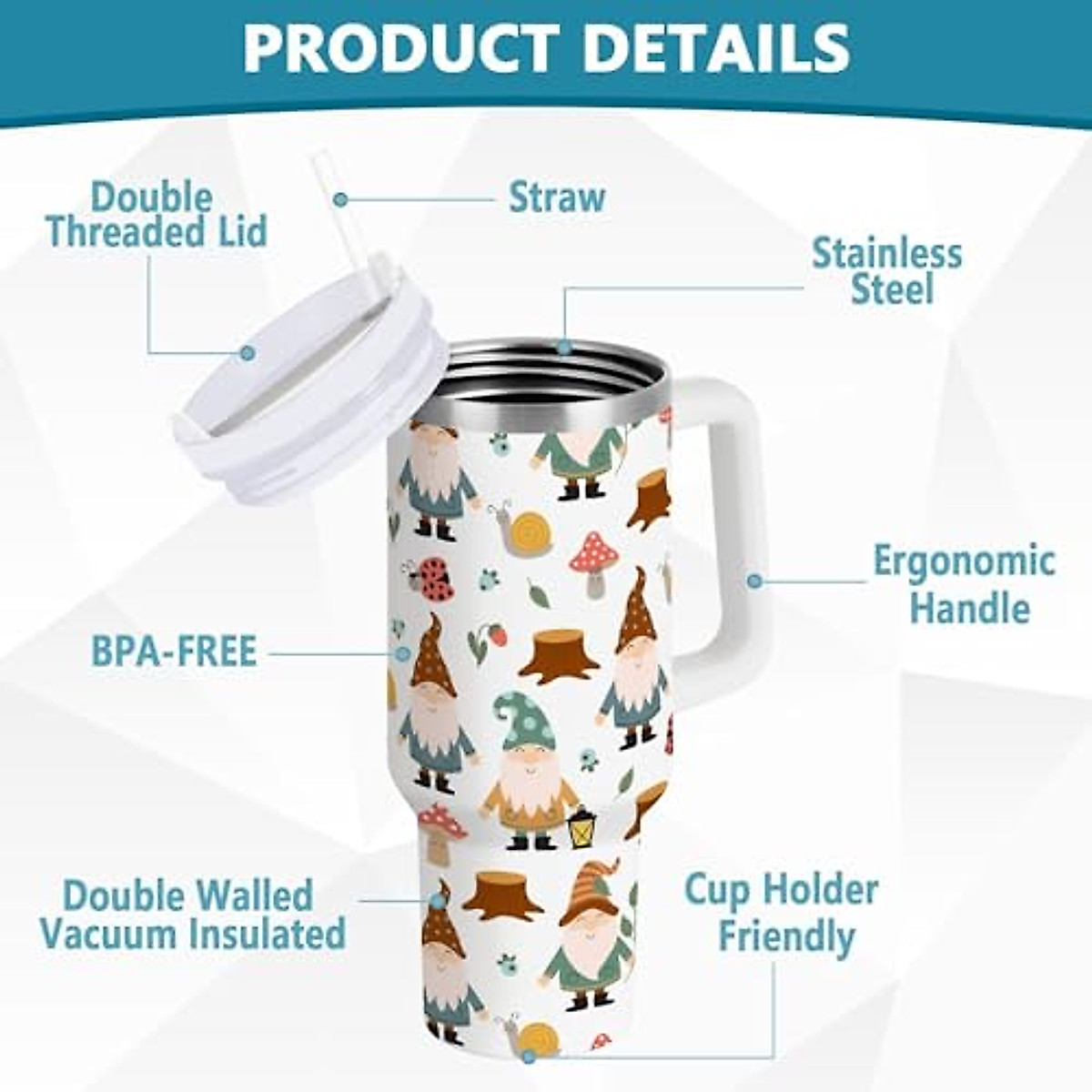 ARGTILDN 30 oz Tumbler Gnome Mushroom Ladybugs Insulated Travel Mug with Handle and Straw Lid Stainless Steel Vacuum Coffee Cup Tea Beverage Container Water Bottles for Car Sports office