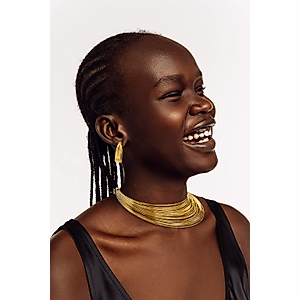 deladola African Choker Necklace Sets Multi-Layer Hoop Gold Plated Bib Choker Earring Bracelet Ring Statement Necklaces for Women (Gold)