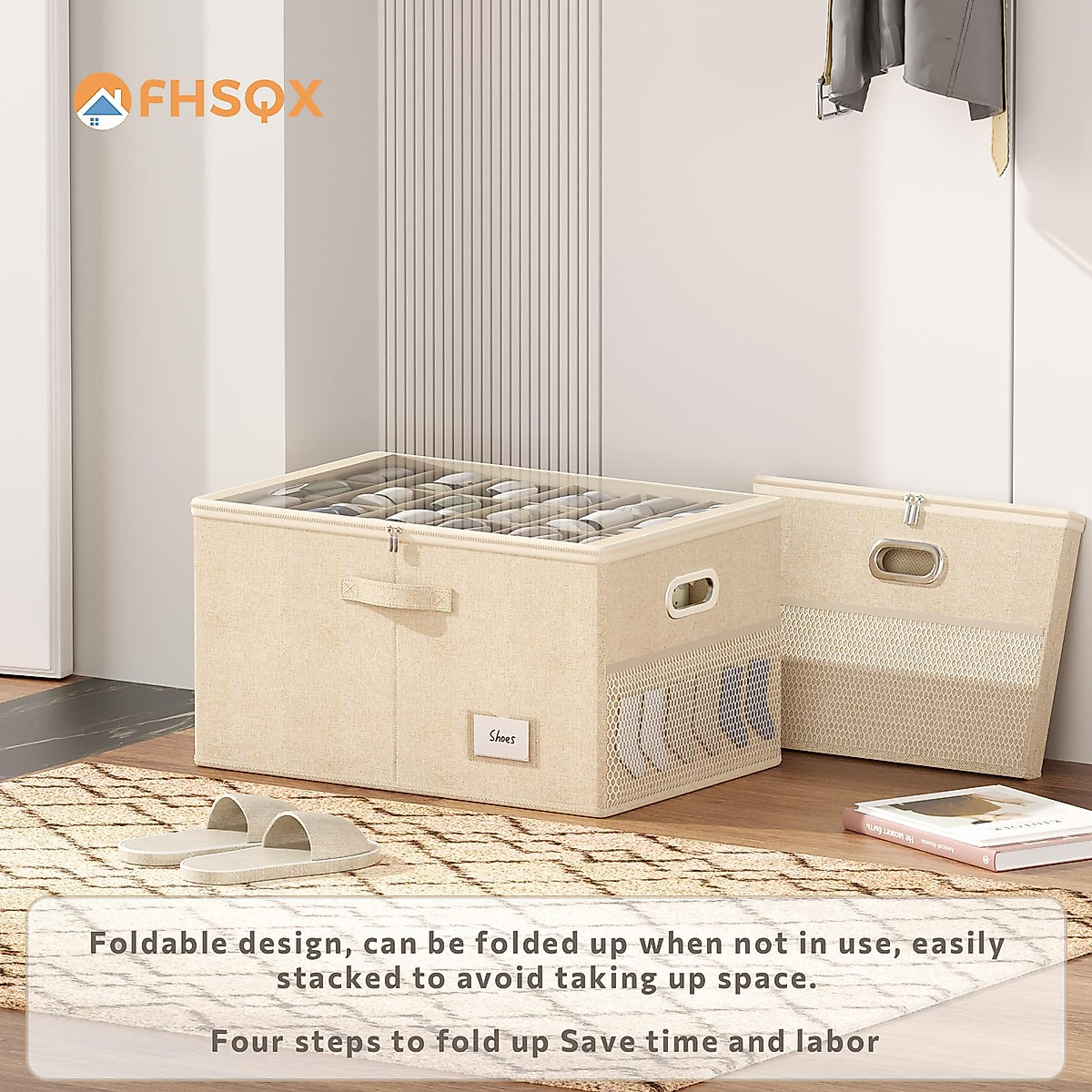 Shoe Organizer for Closet,Shoe Box Storage Containers Fit 18 Pairs,Foldable Shoe Storage Bins with Clear Cover & Adjustable Dividers for Shoes,Blankets,Linen,Clothing