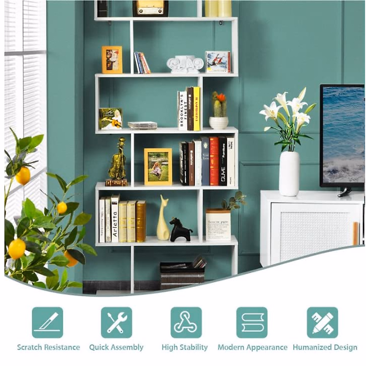 Function Home Geometric Bookcase, S Shaped Bookshelf, Modern Freestanding Decorative Display Shelves, White Book Shelf for Bedroom Living Room Office