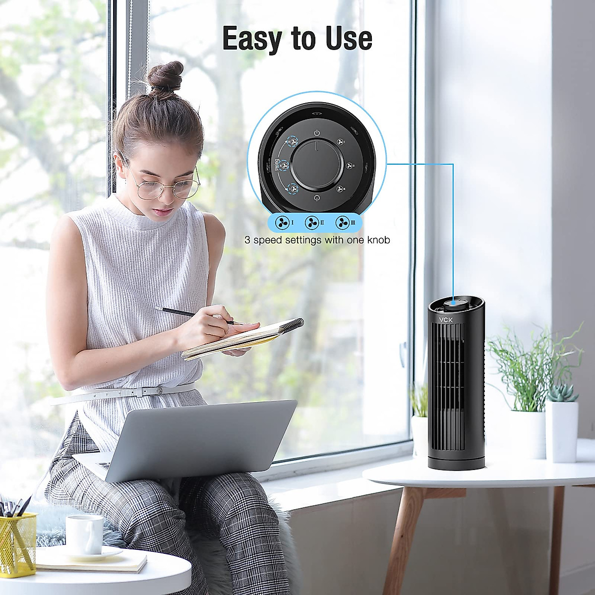 VCK Tower Fan, 80° Oscillating Fan with 3 Speeds, Fast Cooling, Quiet Operation, 13 Inch Portable Desk Fan, Personal Small Bladeless Fan for Bedroom Home Office Desktop