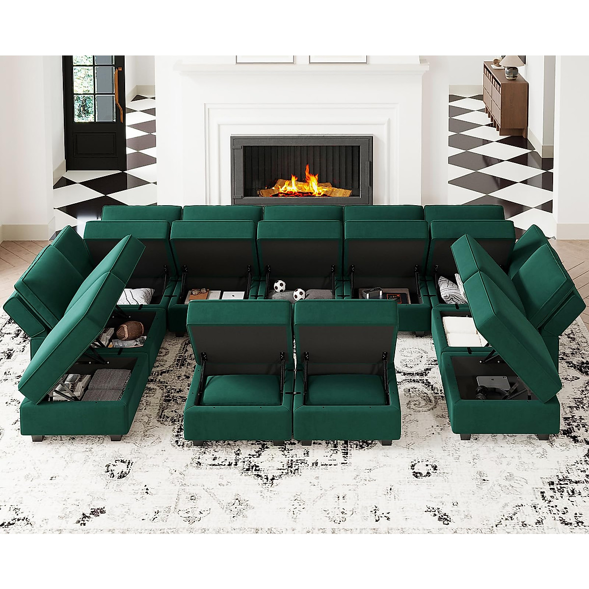 Belffin Oversized Modular Sectional Sofa Velvet U Shaped Couch with Storage Ottomans Modular Sectional Couch with Reversible Chaise Convertible Sectional Sleeper Sofa Velvet Green