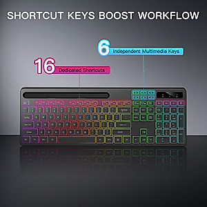 Soueto Wireless Keyboard with 7 Colors & 4 Modes RGB Backlit, Ergonomic Keyboard with Wrist Rest, Phone Tablet Holder, 2.4G Light Up Computer Keyboard with Numeric Keypad for Mac, Windows