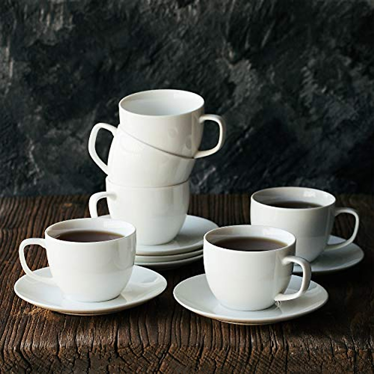 BTaT- Tea Cups and Saucers, Set of 6 (8 oz), Cappuccino Cups, Coffee Cups, White Tea Cup Set, British Coffee Cups, Porcelain Tea Set, Latte Cups, Espresso Mug, White Cups