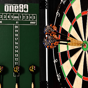 ONE80 All-in-One Dartgame Center with Self-Healing Sisal Dartboard & Multifunctional Cabinet. 12 Steeltip Darts and Mounting Kit Included (Paper Dartboard Cabinet Set)