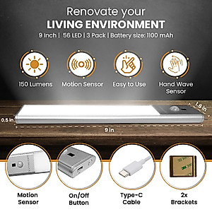 VYANLIGHT Kitchen Under Cabinet Lights - Wireless Motion Sensor LED Light Strips for Pantry, Closet, Bathroom – Rechargeable Battery Operated Cabinet Lighting with Hand Wave Sensor (3 Pack)