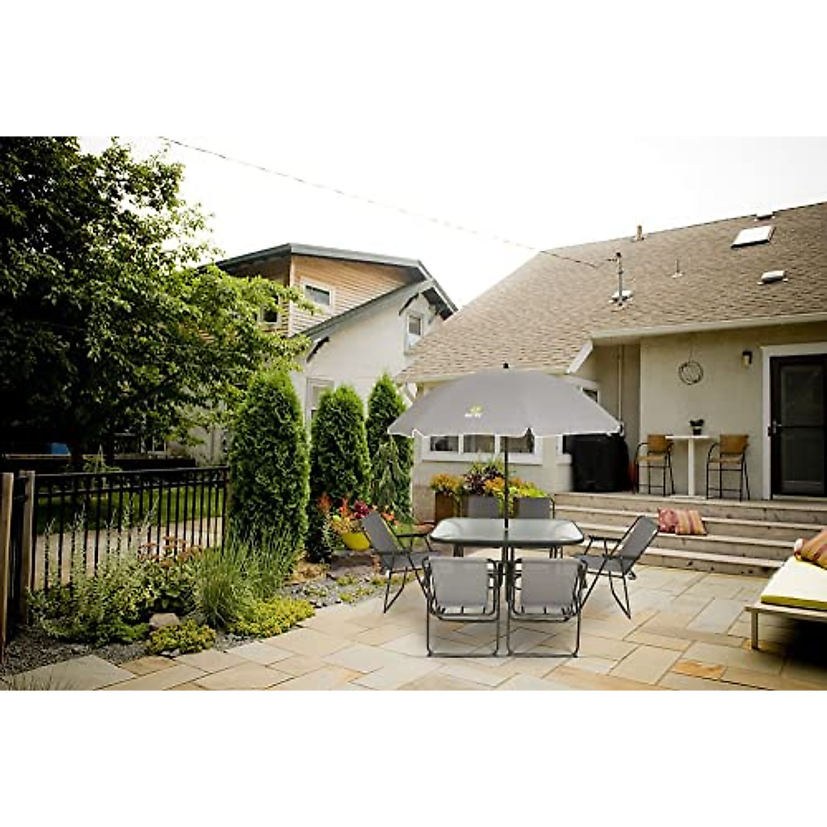 Nice C Outdoor Dining Sets, Patio Furniture Set, 8 Piece Patio Set with Umbrella, Garden Outdoor Furniture Table Set with Tilted Removable Umbrella, Glass Table, and 6 Folding Chairs