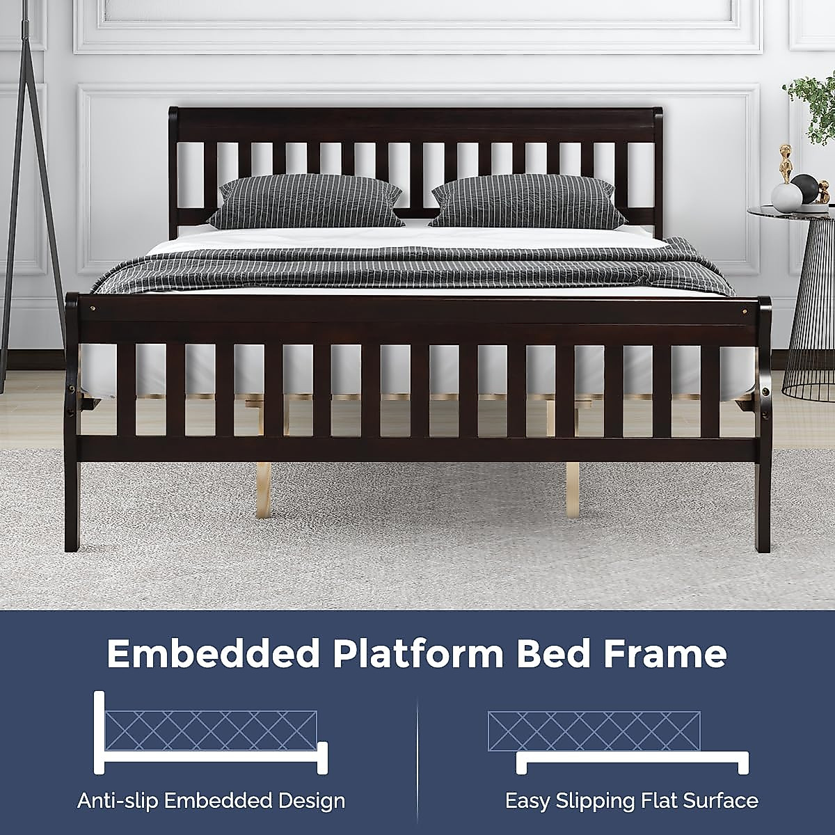 IULULU Queen Bed Frame, Solid Wood Platform Bed Frame with Headboard & Footboard, Queen Size Mattress Foundation with Wooden Slats Support, Easy Assembly, No Box Spring Needed, Espresso