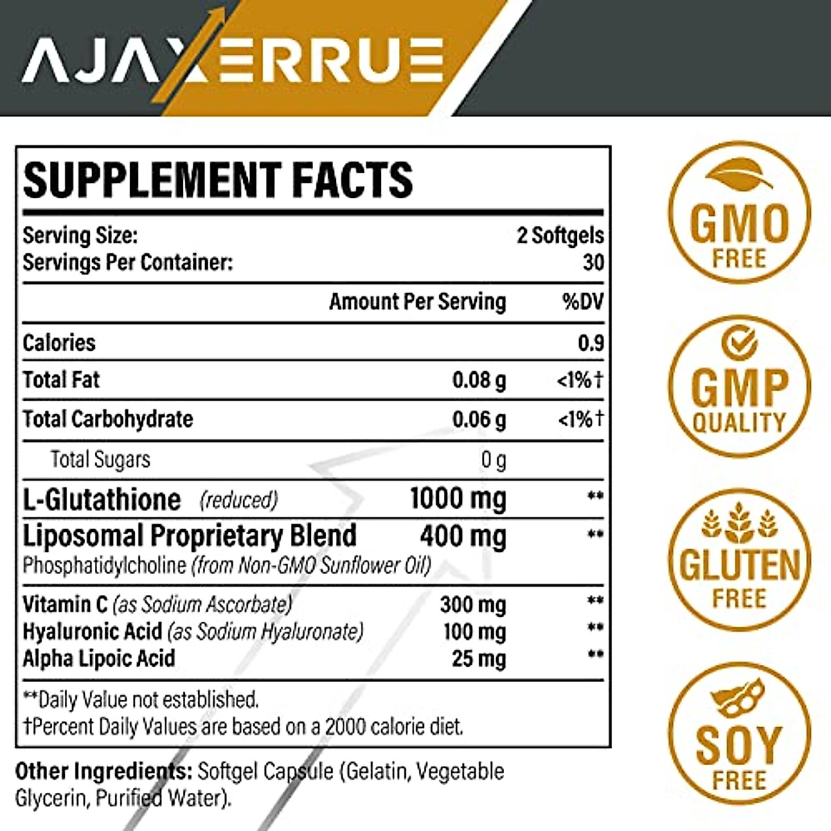 AJAXERRUE 1400 mg Liposomal Glutathione, Superior Absorption Complex Reduced Glutathione Supplement with Vitamin C, Hyaluronic Acid, Master Antioxidant for Liver Detox, Brain, Skin, 120 Softgels