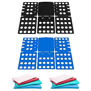 QWORK PP Composite Folding Board, 2 Pack Folding Clothes Board - Black + Blue, One-Hand Operation Laundry Folding Tool, Non-Slip Silicone Buckles, T Shirt Folder, Laundry Folders for All Garments