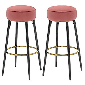 Fefances Pink Bar Stools Set of 2 Modern Round Velvet Bar Stools Kitchen Breakfast Round Dining Chair 30 inch Height