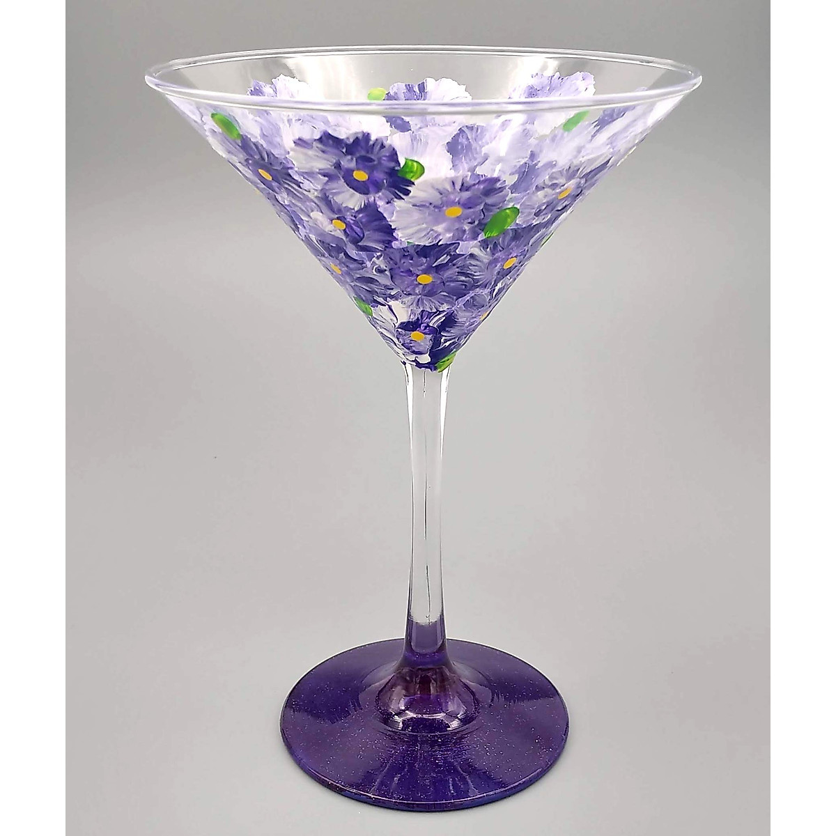 Purple Flowers Hand Painted Martini Glass - Sparkly Purple, Pretty Flower Cocktail Glass