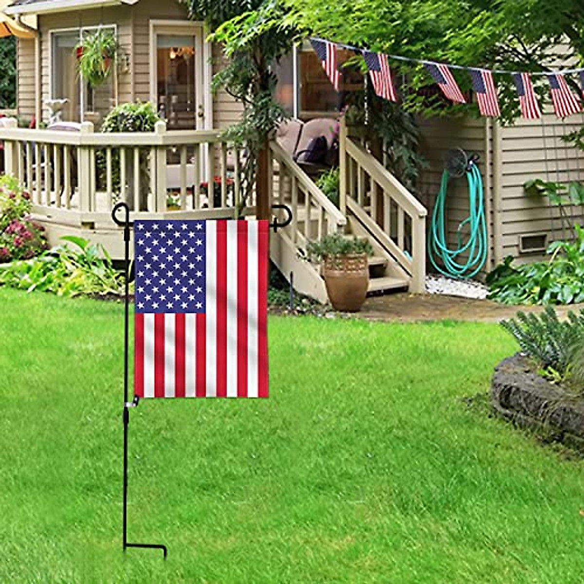 ANLEY Garden Flag Stand - Upgraded Version Reinforced Wrought Iron Garden Flag Pole Holder - Weather Resistant & Easy Assemble & Black Matte Coating - FREE Flag Stopper & Alligator Clip - H37" x W14"