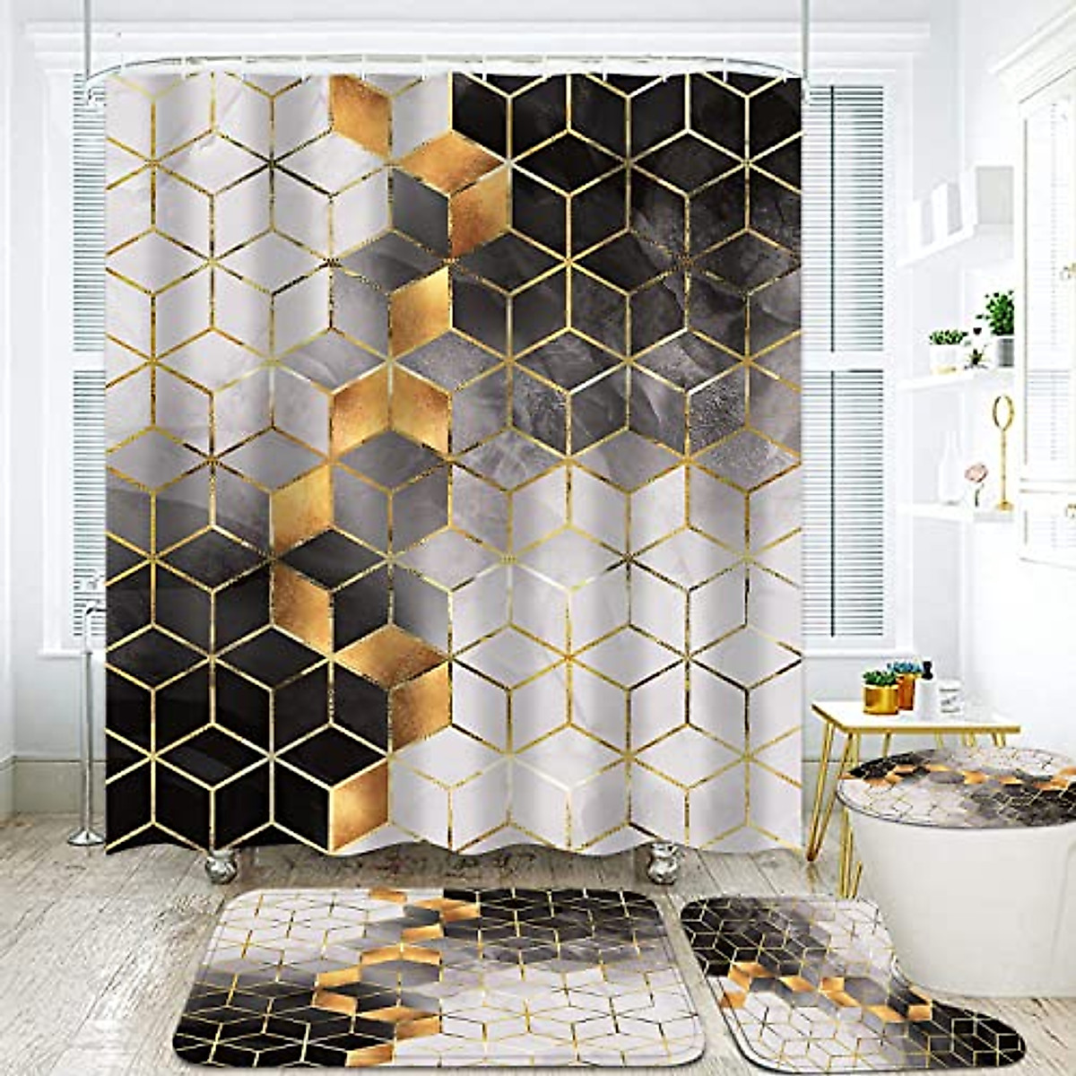 LQCOOL 4Pcs Black Gradient Shower Curtain Set,Black Marbling Shower Curtain Set Golden Cubic Lines Bathroom Set Texture Modern Art Bath Accessories with Mats