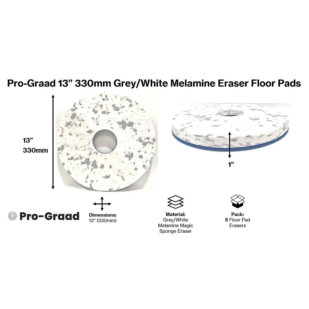 Pro-Graad 13” 330mm Grey/White Melamine Eraser Floor Pad, 68482, 5 Pack
