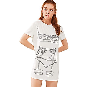 Floerns Women's Funny Lingerie Nightgown Cute Print Tshirt Sleepdress White S