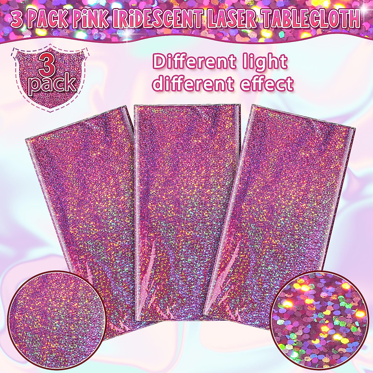 FunnyPars 3 Pack Pink Iridescent Table Cloth for Parties, Pink Plastic Shiny Laser Table Covers, Disposable Holographic Foil Tablecloth Iridescent Party Decorations for Girl Birthday Wedding, 54x108