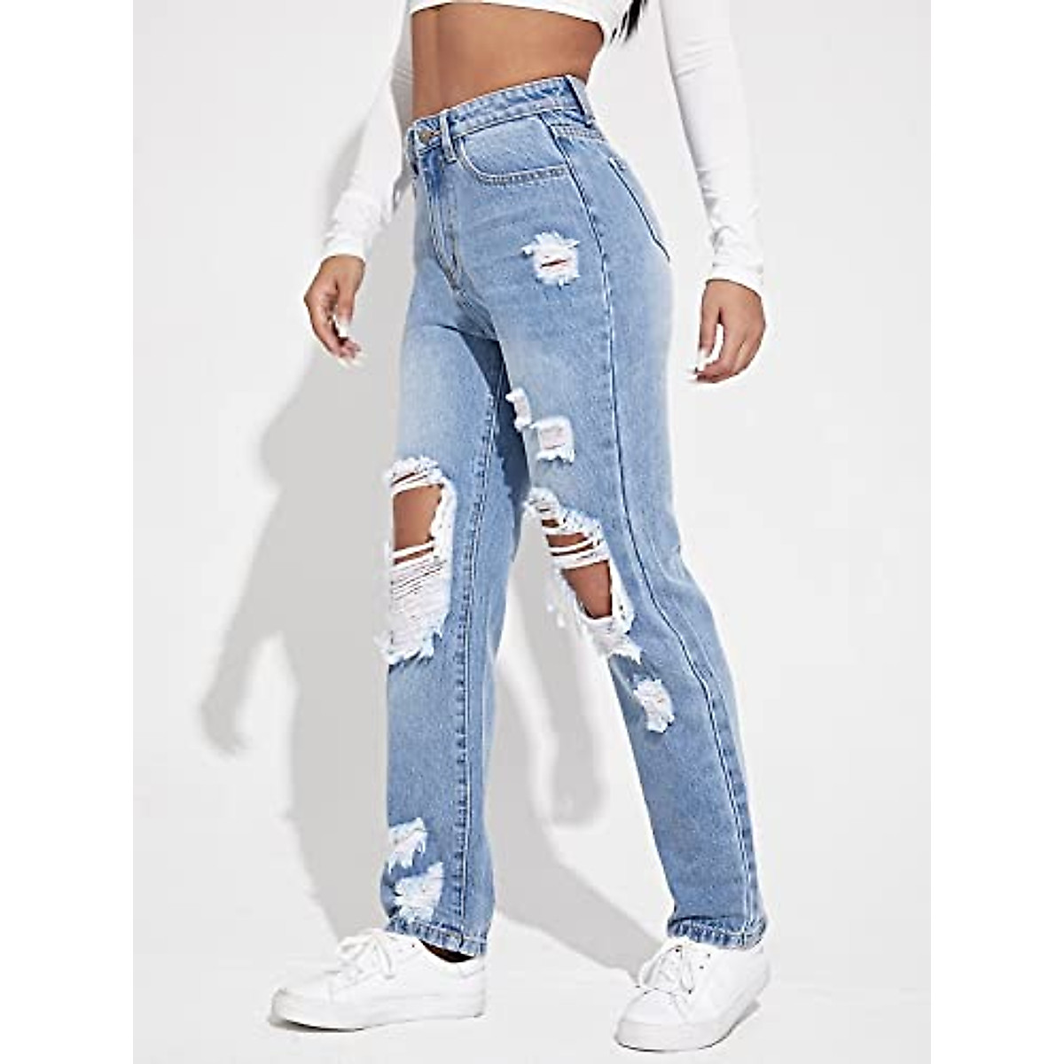 WDIRARA Women's High Waisted Ripped Straight Leg Jeans Cut Out Button Denim Pants Light Wash M