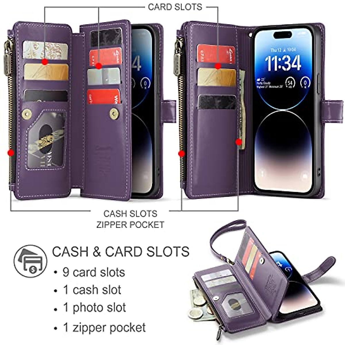 CaseMe iPhone 14 Pro Max Wallet Case, iPhone 14 Pro Max Case with Card Holder, iPhone 14 Pro Max Leather Case for Women Men, Premium iPhone 14 Pro Max Case with Kickstand Strap Zipper, Purple