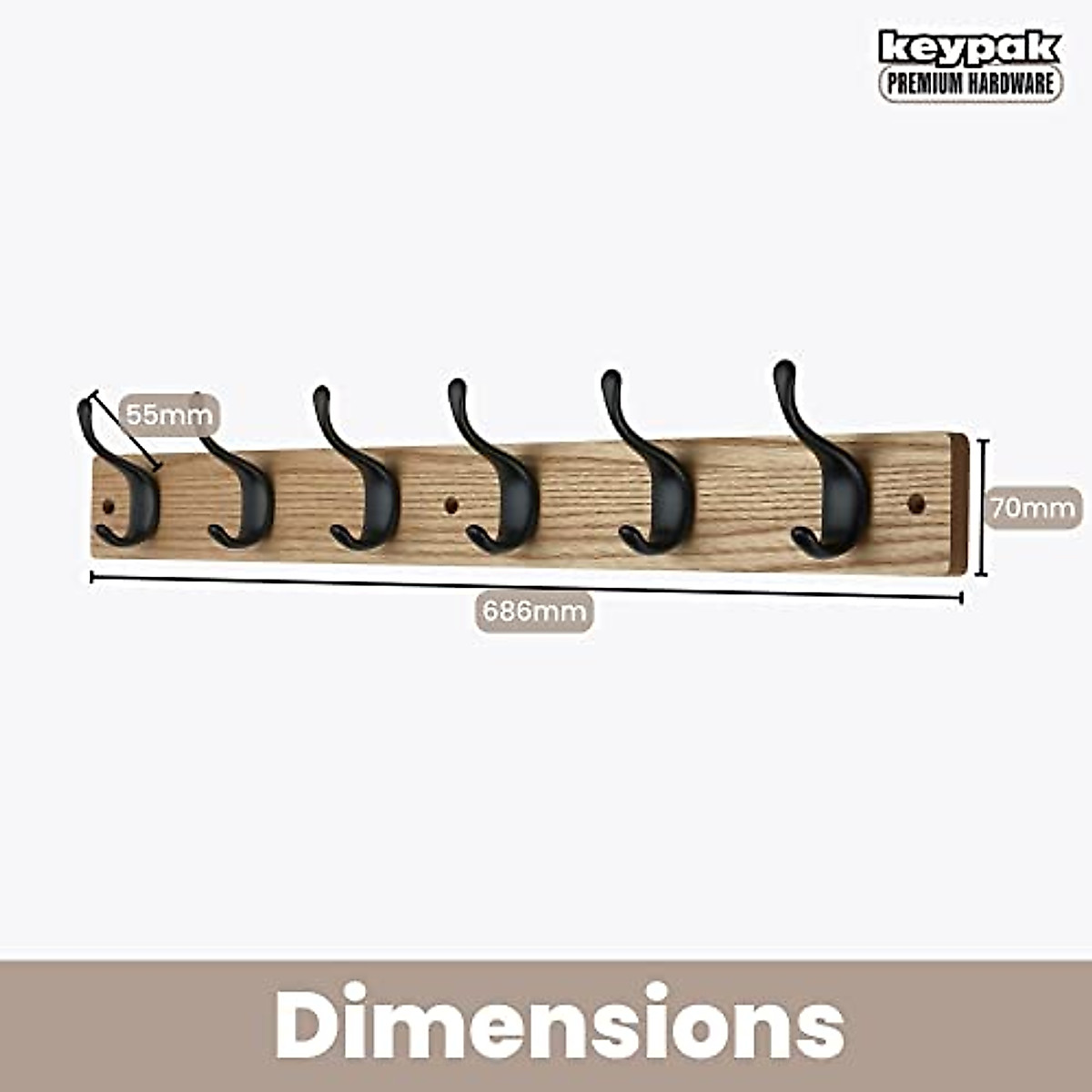 keypak Modern Wall Mounted Coat Rack, Matte Black Hooks on Wood Base (6 Hooks, Ash Effect)
