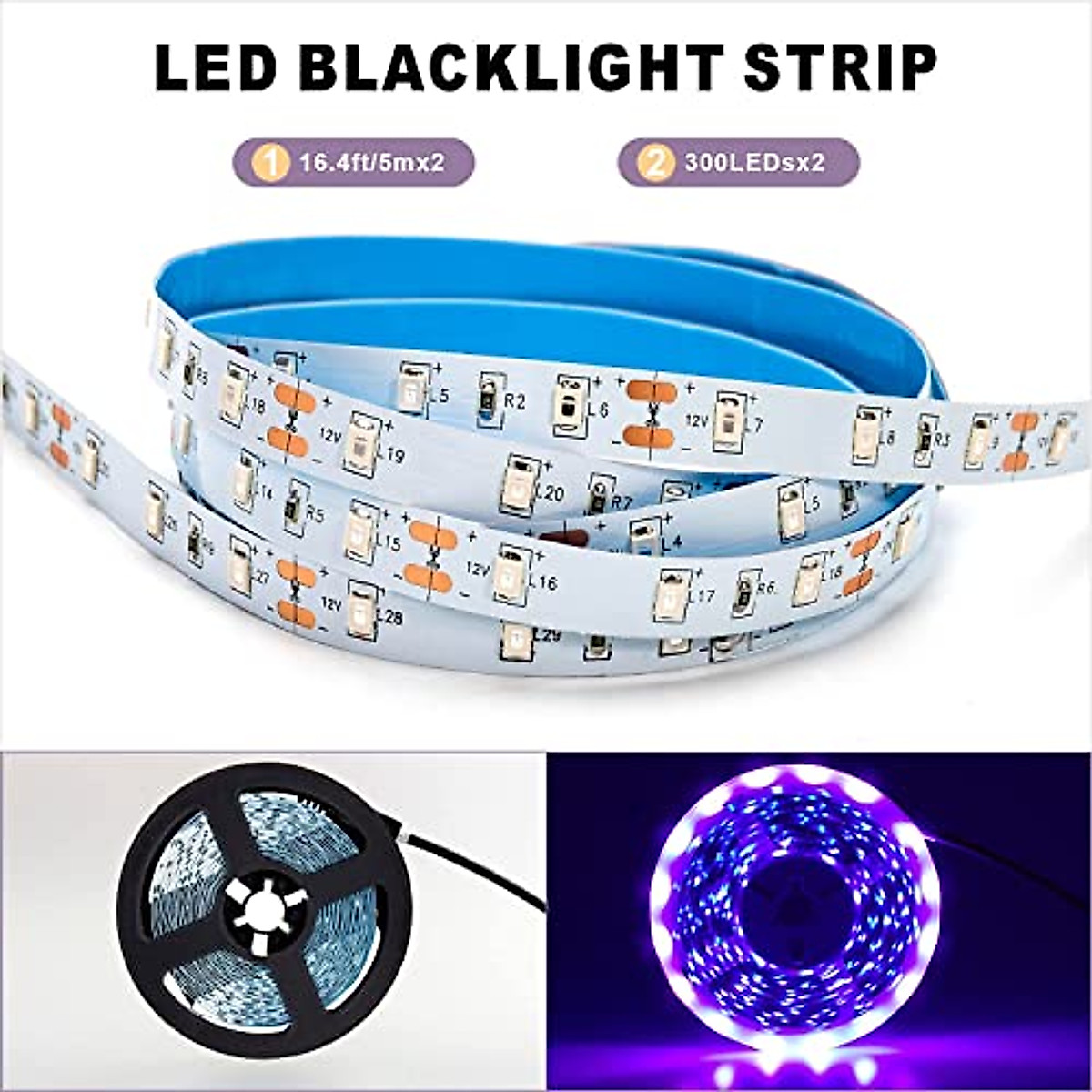 AIMEOKO LED Black Light Strip Kit,32.8ft 600 LEDs 12V Flexible UV Blacklight Fixtures for Indoor Bedroom Decoration,Fluorescent Dance Party,Wedding,Birthday,Halloween,Body Paint,Non-Waterproof
