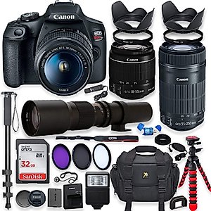 Canon EOS Rebel T7 DSLR Camera with 18-55mm is II Lens Bundle + Canon EF-S 55-250mm STM Lens and 500mm Preset Lens + 32GB Memory + Filters + Monopod + Spider Flex Tripod + Professional Bundle