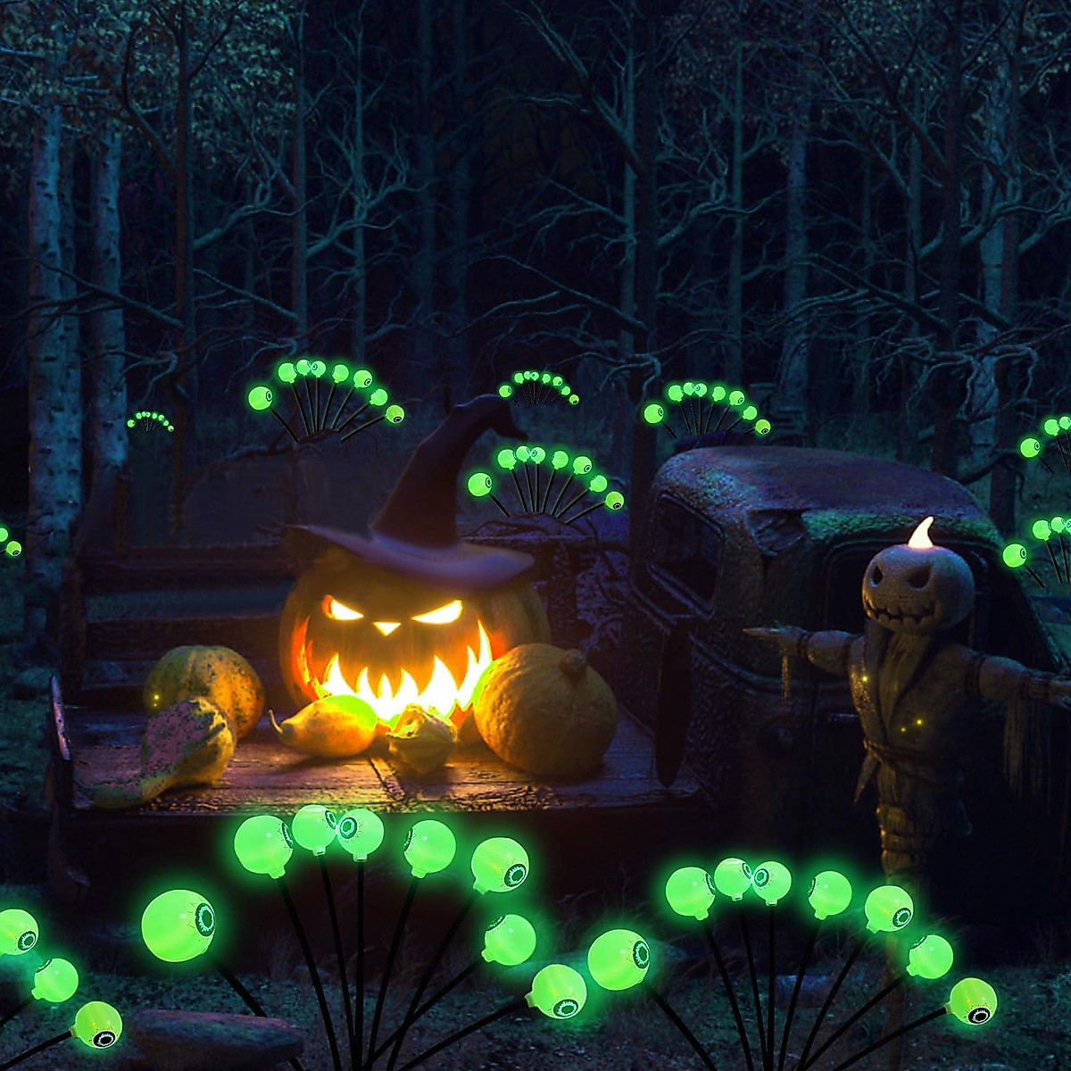 2 Pack Outdoor Halloween Decor Solar Garden Lights Outdoor-16LED Scary Eyeballs Swaying Firefly Lights with Halloween Party