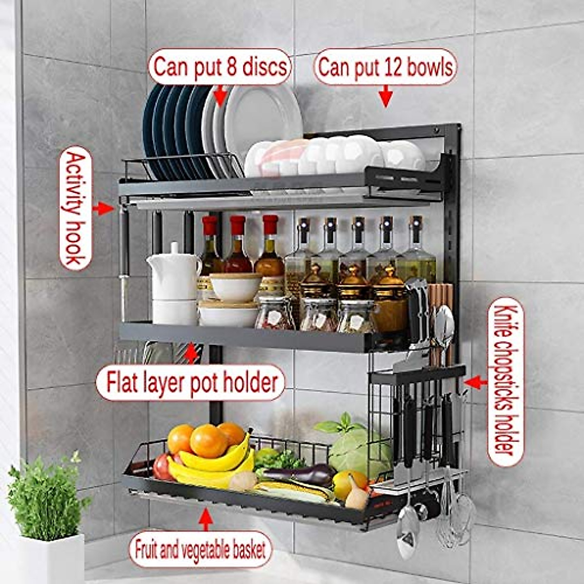FEHUN Sinks,Stainless Steel Wall-Mounted Universal Kitchen Drain Rack,3-Layer Storage Rack,Chopstick Holder with