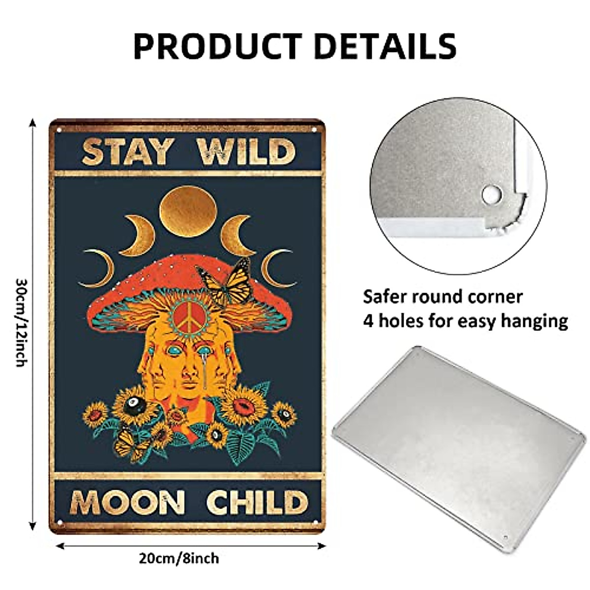 SGYJW Hippie Tin Sign Retro Sunflower Funny Mushroom Anti War Sign Stay Wild Moon Child Flower Child Metal Poster 8x12 Inch Iron Painting Plaque Wall Decor for Bedroom Bathroom Bar Living Room Wall Decor