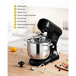 SHARDOR Stand Mixer, 6-Speed with Pulse Tilt-Head Food Mixer, Kitchen Electric Mixer with Dough Hook, Wire Whip & Beater, 4.8 QT Stainless Steel Bowl, Splash Guard, Black