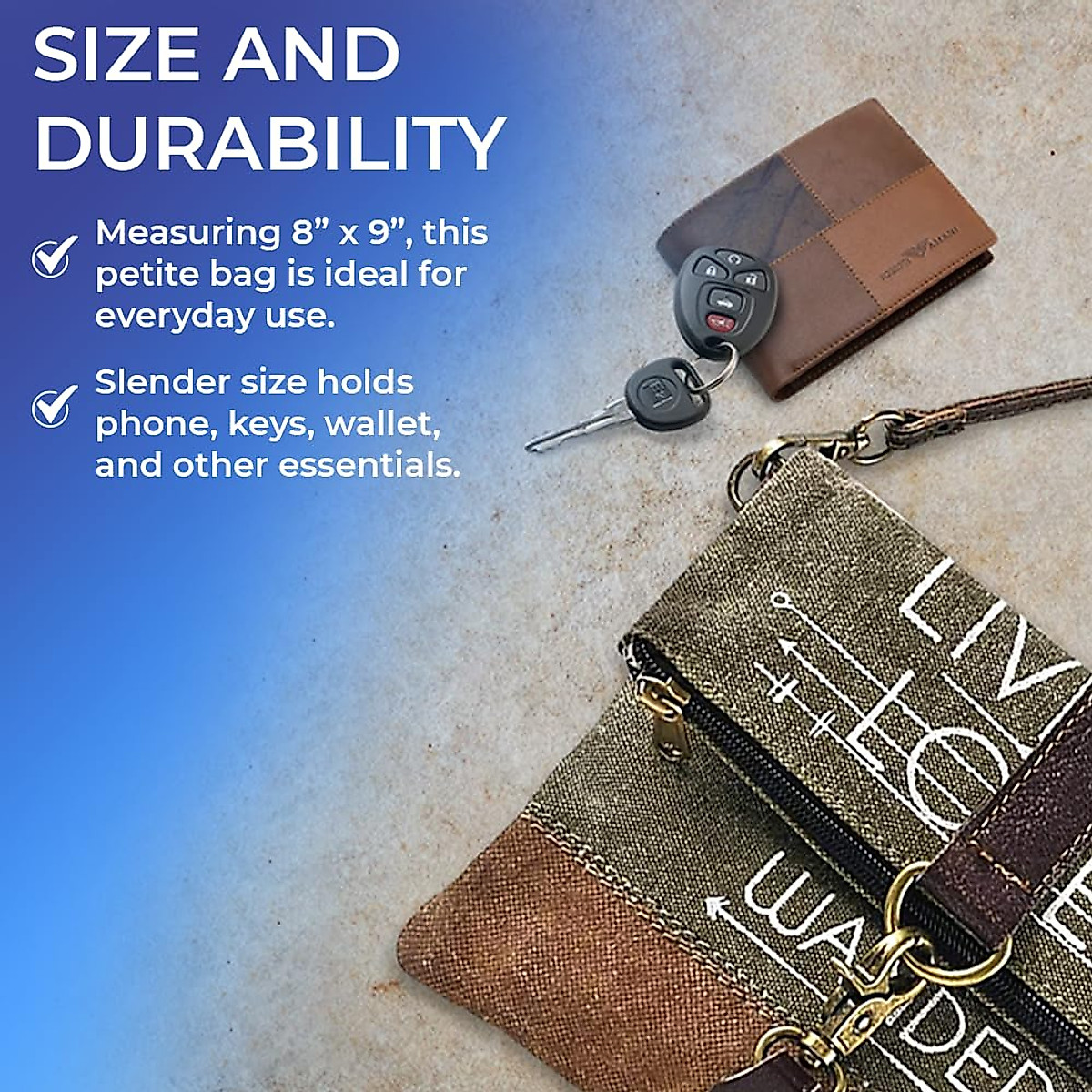 SAGEFINDS Live Love Wander Upcycled Canvas Crossbody Bag | Earth Friendly Materials | Shoulder Purse | Small Clutch | Fold-Over Zip Top | 22” Detachable Strap