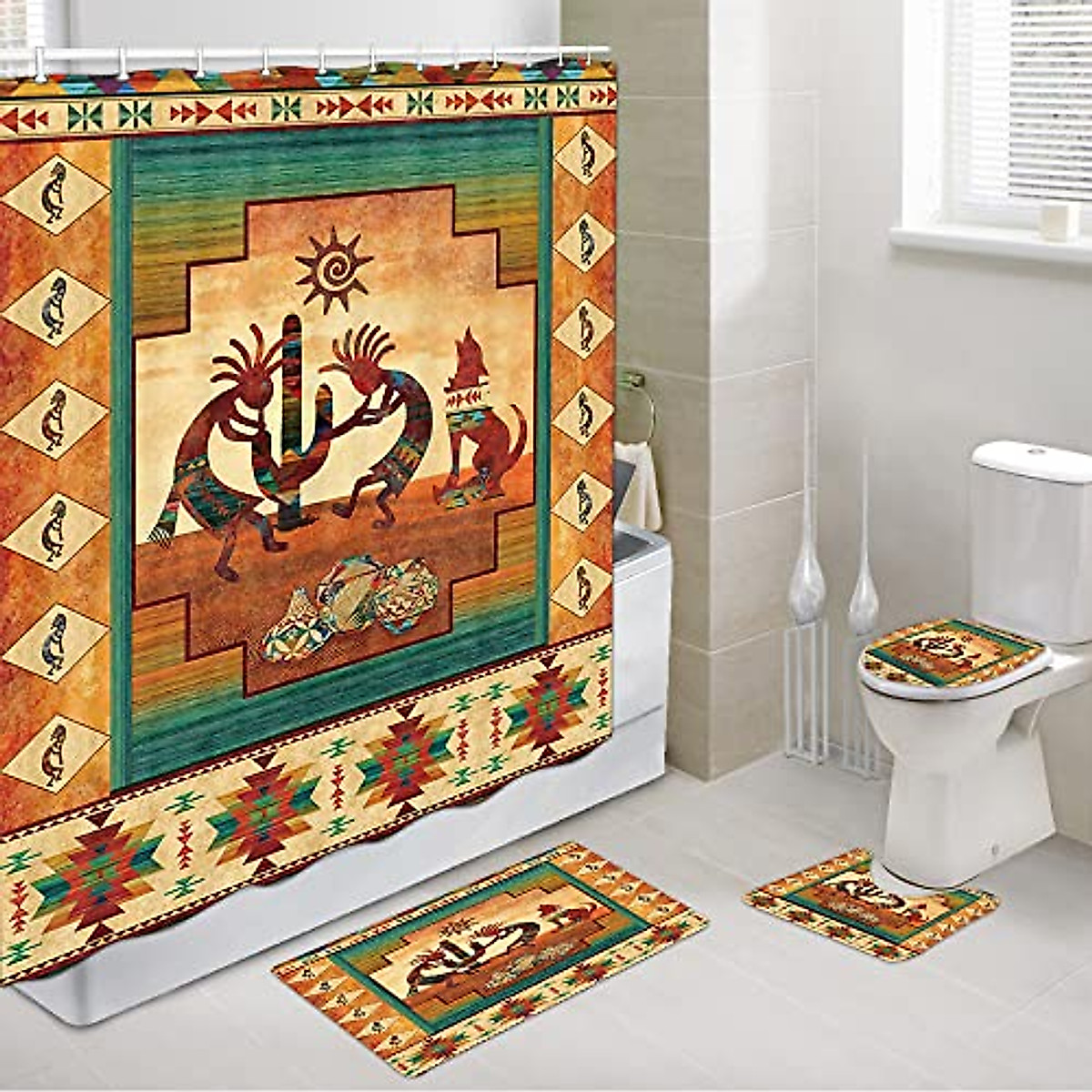 Kokopelli Bathroom Sets with Shower Curtain and Rugs, Southwestern Native American Bathroom Shower Curtain Sets, Western Waterproof Polyester Fabric Bathroom Accessories Bathtub Decorative