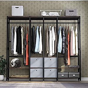 Tribesigns Freestanding Closet Organizer, Heavy Duty Clothes Closet, Extra Large Metal Garment Rack with Shelves and Hanging Rod, Vintage Walnut Board Finish & Black Metal Frame