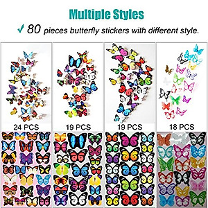 Heansun 80 PCS 3D Butterfly Wall Decor, 4 Styles Butterfly Wall Decals Removable Mural Stickers Butterfly Decorations for Home Room Bedroom Nursery Decor