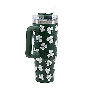 Envie 30 oz St Patrick Day Tumbler Mug with White Shamrocks, Reusable Insulated Mug with Handle, Lid and Straw, Stainless Steel Tumbler for Iced & Hot Beverages