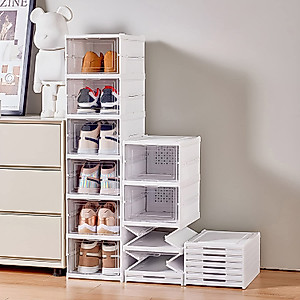 GUDEMAY Drop Front Shoe Storage Box, No Assembly Stackable Shoe Organizer Storage Bin with Clear Door, Free Standing Shoe Shelf Cabinet with Lid, Plastic Shoe Rack for Closet Entryway, 6-Tier