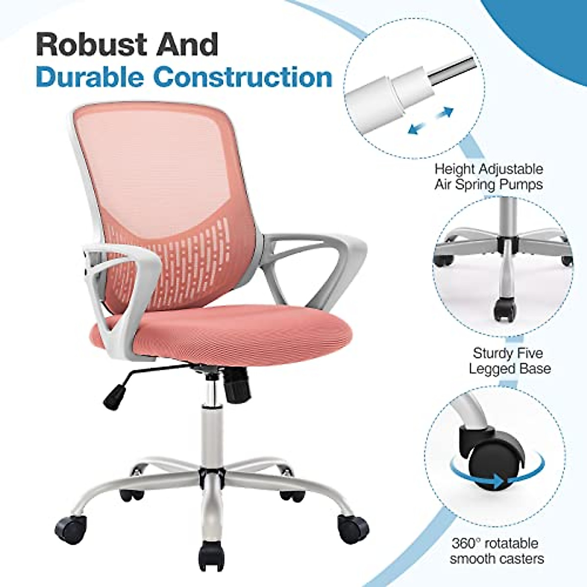 Ergonomic Home Office Chair - Mesh Mid Back Computer Desk Swivel Rolling Task Chair with Lumbar Support, Armrest, Wheels, Sponge Seat Cushions, Pink