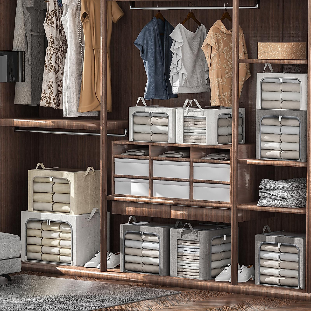 Clothes Storage Bins with Metal Frame-3 Pack Foldable Storage Organizer Bin for Clothes Linen Fabric Storage Box with Lid ＆Clear Window (Light Grey, 15.7x11.8x7.8inch(22L))