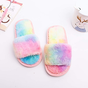 techcity Boys Girls Fuzzy House Slippers Cute Comfy Faux Fur Slip On Fluffy Plush Open Toe Home Slides for Kids Indoor Outdoor Warm Shoes (Rainbow, numeric_10)