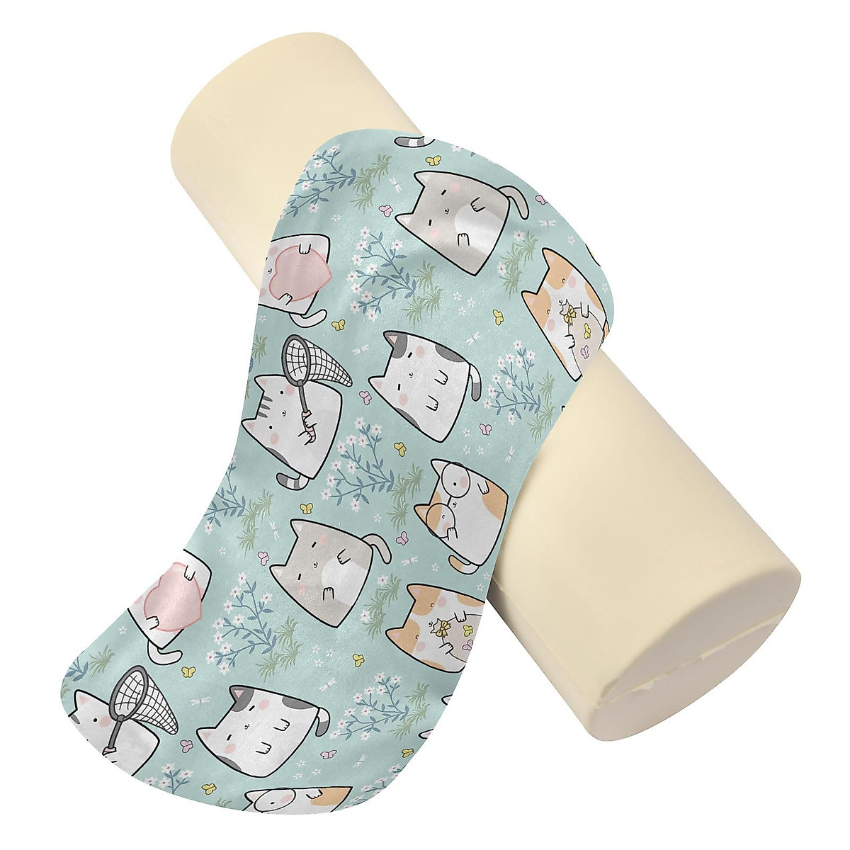 Vnurnrn Kawaii Cute Cat Neck Support Pillow Round Neck Roll Bolster Cylinder Pillow Cervical Pillows Travel Pillow for Leg Knee Back Head Support for Camp Work Women Men Traveling