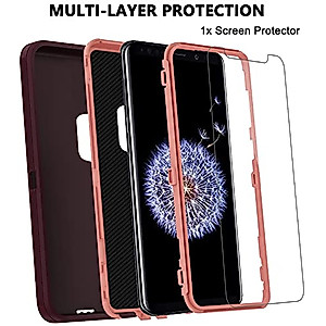Annymall for Samsung Galaxy S9 Case with Screen Protector, Full Body Heavy Duty Shockproof Drop-Proof Phone Case Rugged Triple-Layer Defender Protective Cover for Samsung Galaxy S9 (Wine/Pink)