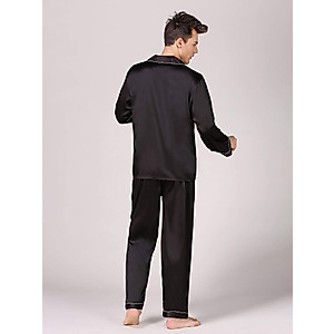 OYOANGLE Men's Long Sleeve Satin Pajama Set Button up Shirt and Pants Loungewear Sleepwear Black L