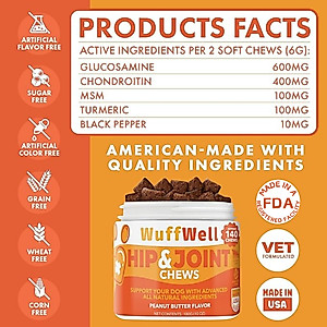 WuffWell Dog Hip and Joint Supplement - Pain and Inflammation Relief Chews with Glucosamine, Chondroitin, MSM, Turmeric - 140ct - Treats Hip Dysplasia, Arthritis - Dogs Chewable Supplements - USA Made