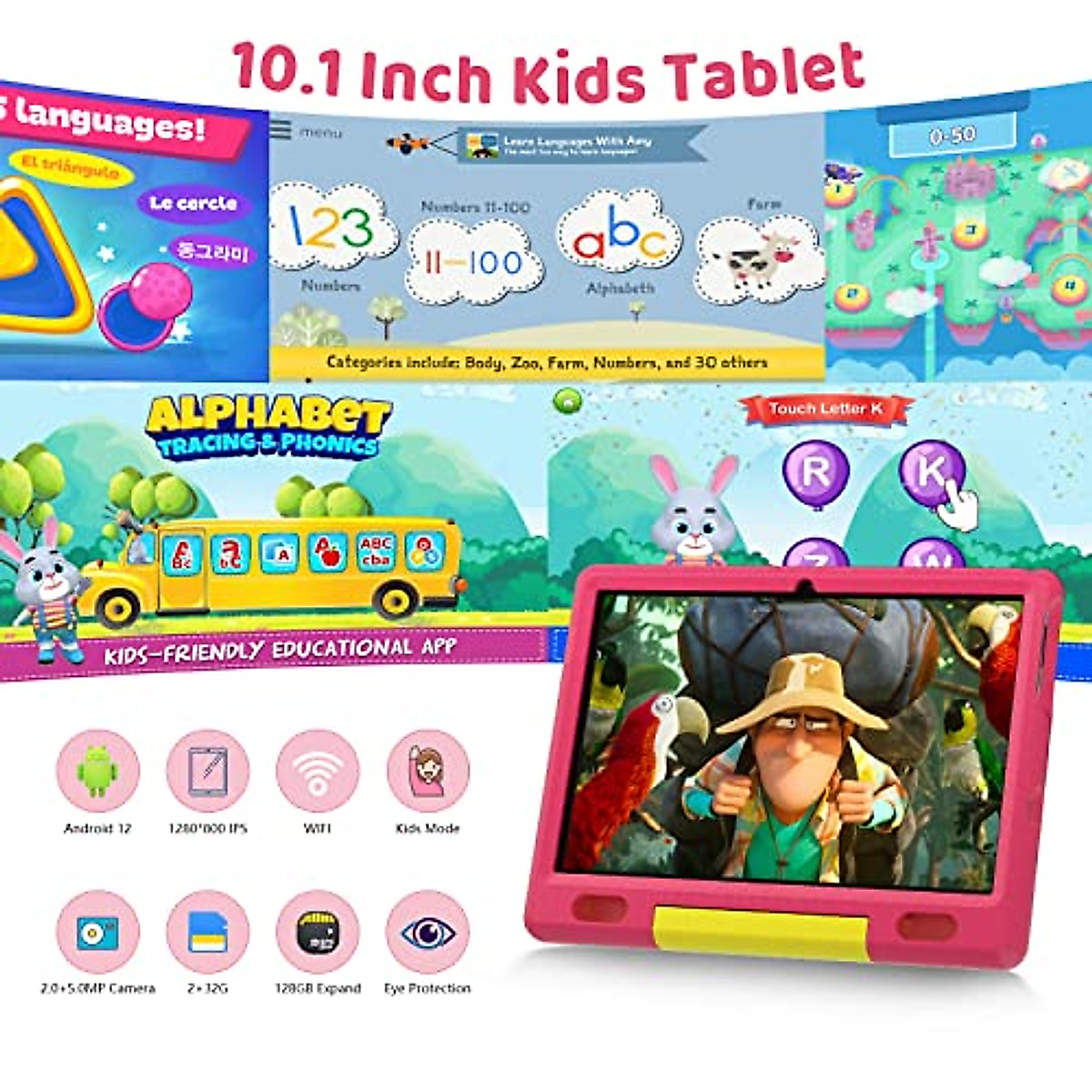 Mouikei Kids Tablet 10 inch Tablet for Kids, 2GB+32GB Android 12 Kids Tablet with Case, Parental Control APP, Dual Camera, Educational Games, Kidoz Pre-Installed Children Tablet (Pink)